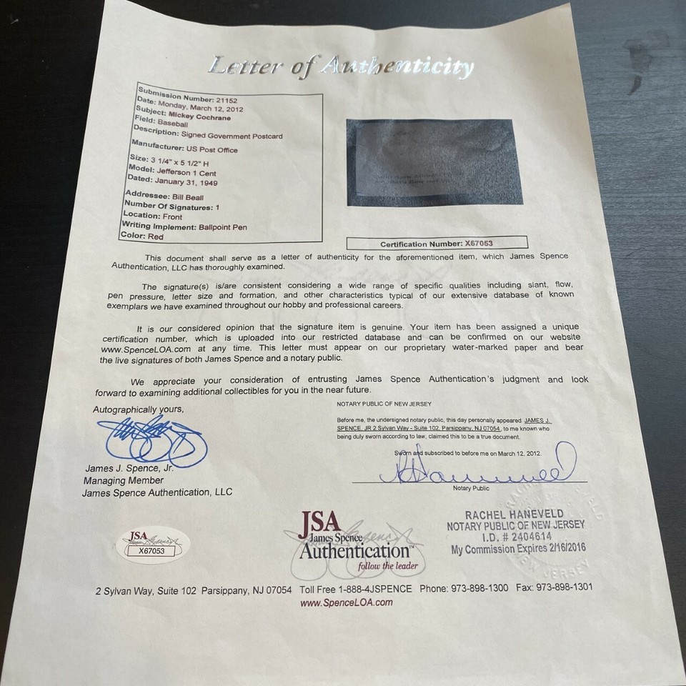 Mickey Cochrane Signed Autographed 1949 Government Postcard GPC JSA COA ...