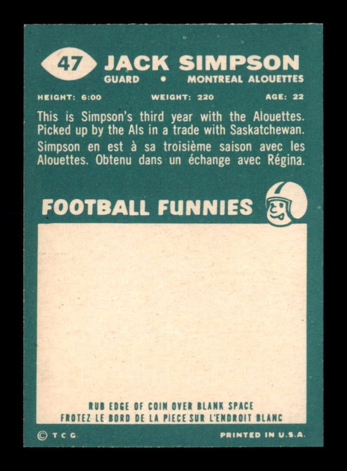 1960 Topps CFL #47 Jackie Simpson NM+ X2556304 | eBay
