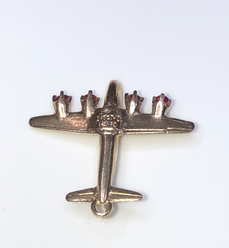 14K Solid Yellow Gold 3D Realistic Plane Charm Pendant With Round Ruby ...