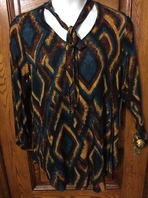 New! RUFF HEWN GREY Gold/Turquoise/Rust BOHO Ethnic Print TUNIC TOP, Sz ...