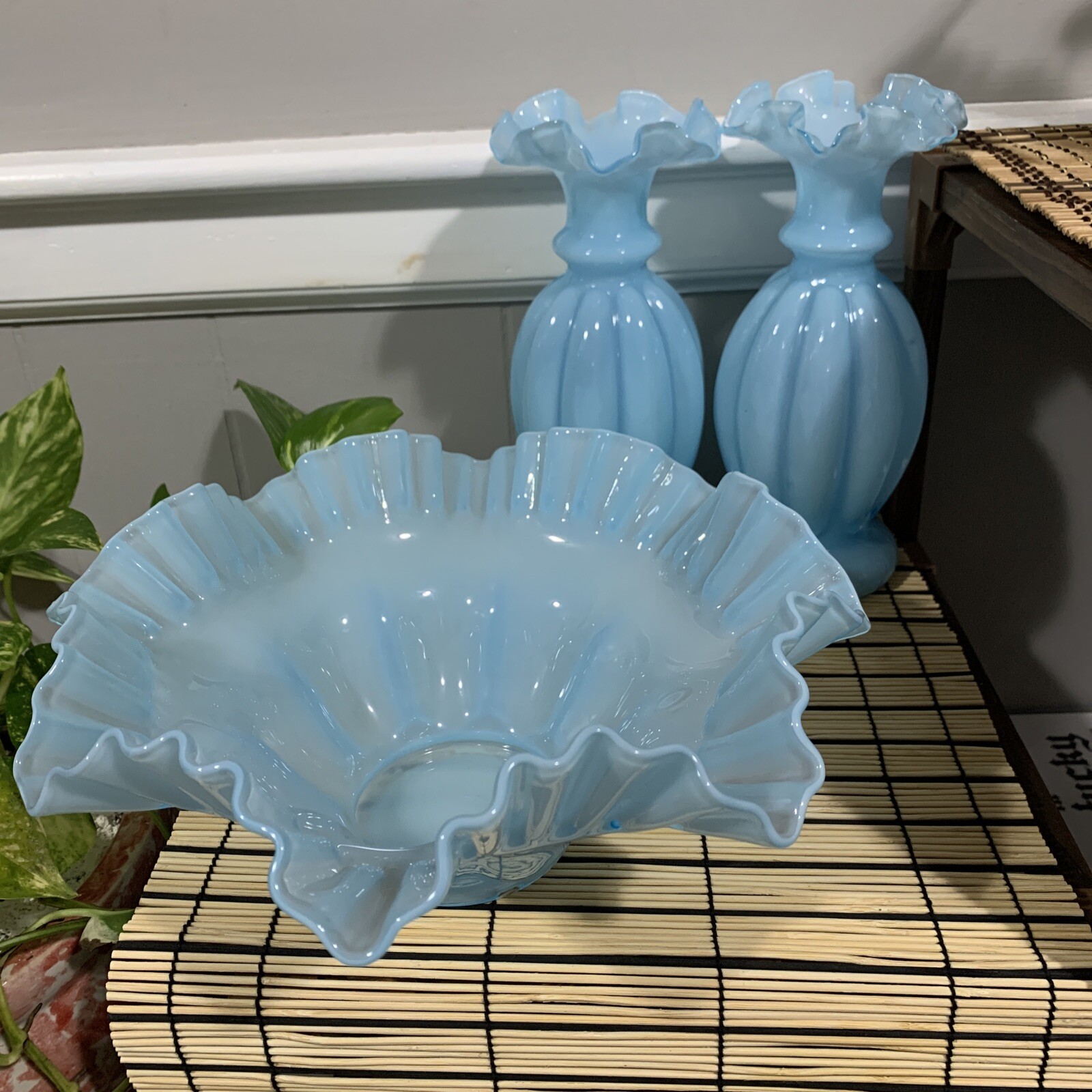 Vintage 40’s Fenton Baby Blue Glass Ruffled Opalescent Bowl And Two ...