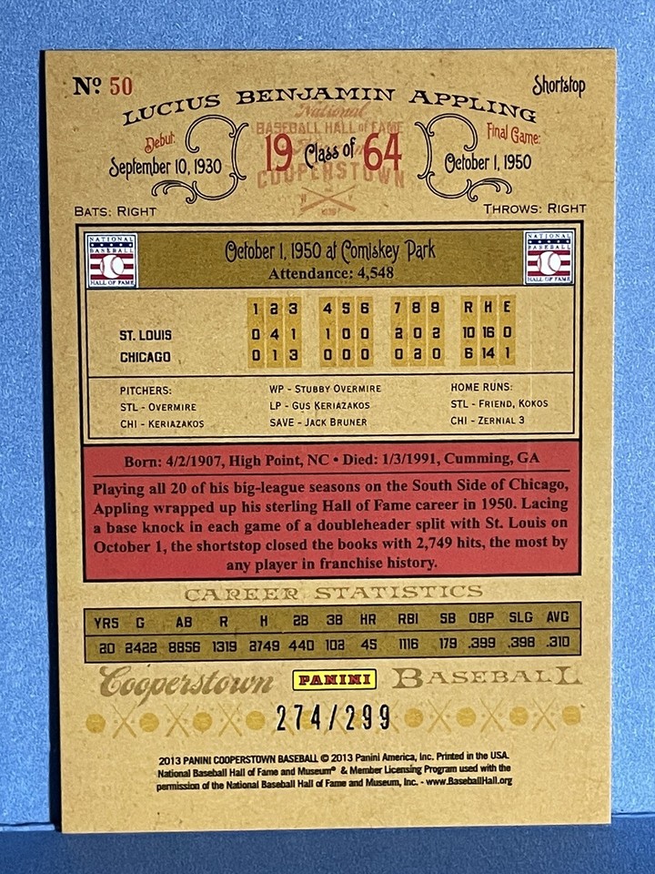 LUKE APPLING 2013 Panini Cooperstown Collection Gold Crystal Shard /299 ...