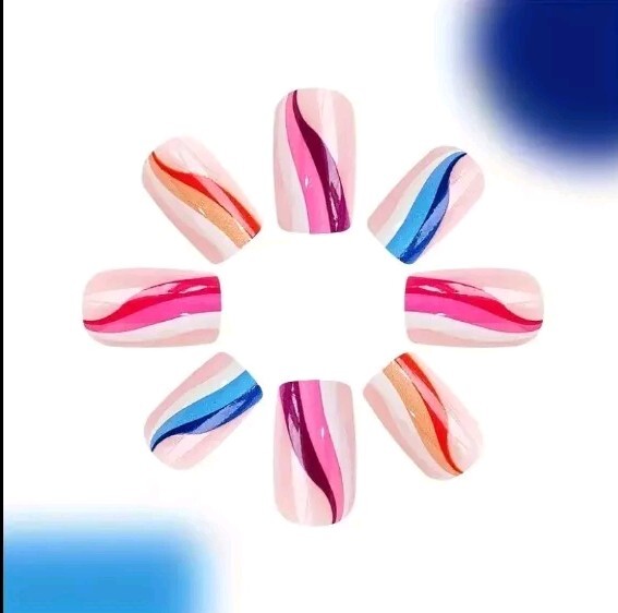 24 Pcs Mixed Color Stripe Pattern Square Fake Nails, Medium Length ...
