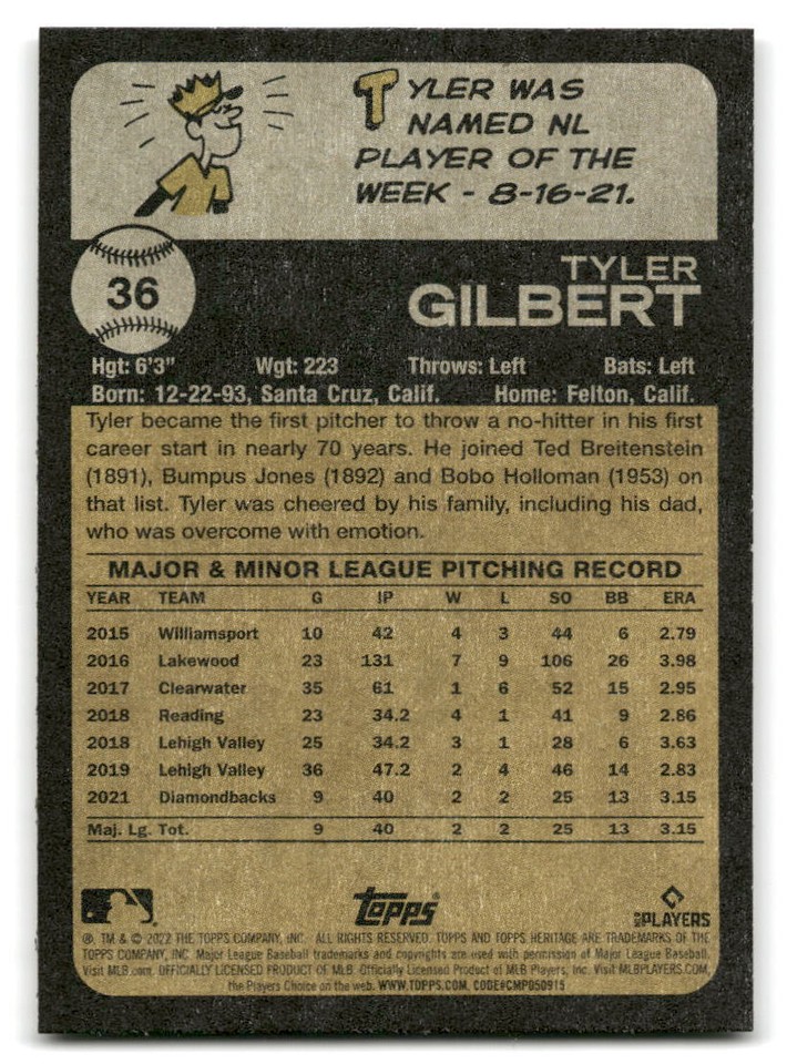 Tyler Gilbert 2022 Topps Heritage Baseball #36 Arizona Diamondbacks ...