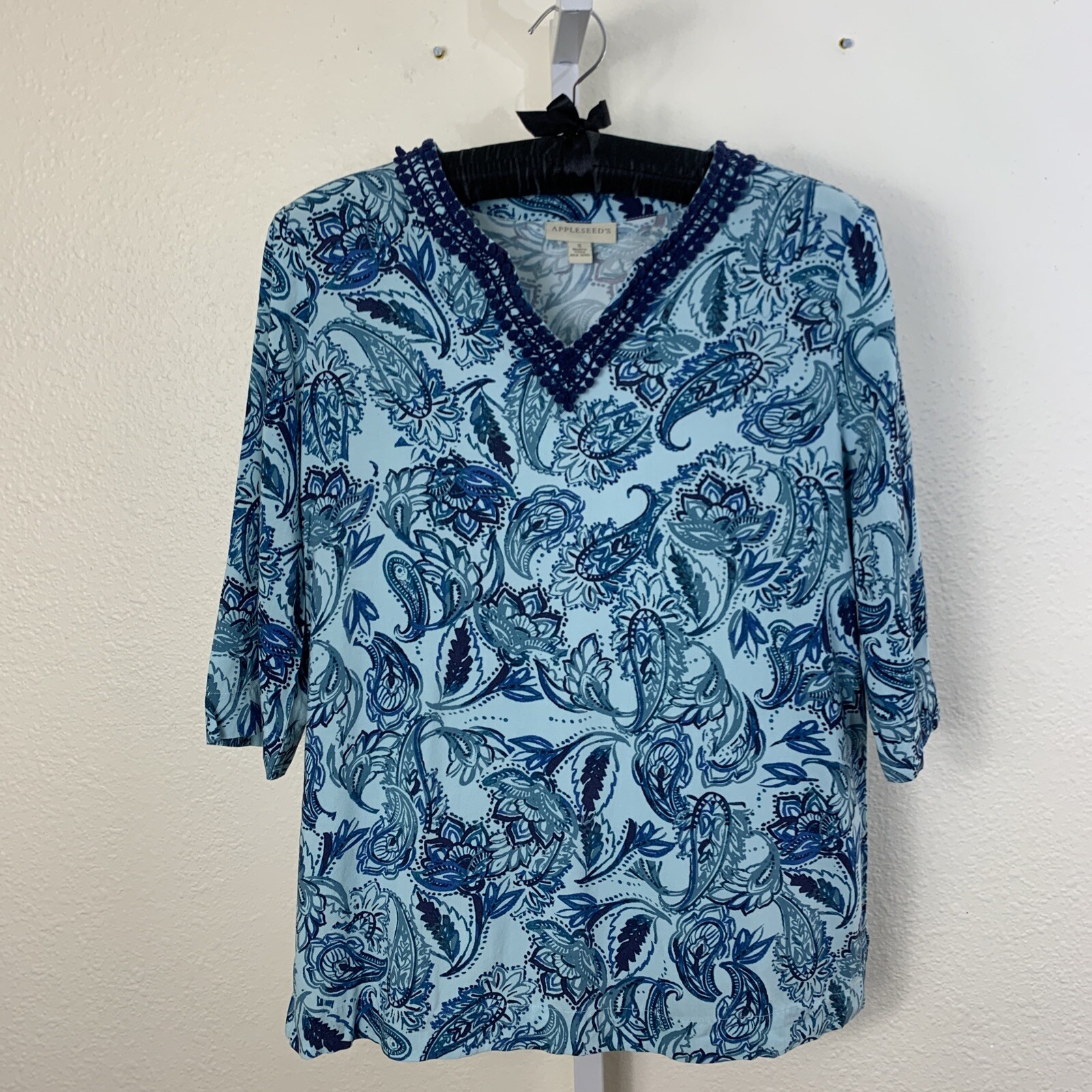 Appleseed's Women's Tunic Top Size S 3/4 Sleeve Lace Around Neck Blue ...