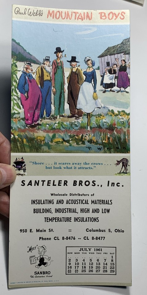 Funny Paul Webb’s Mountain Boys Blotter Calendar Columbus Ohio 1961 ...