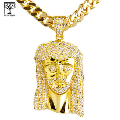 Rapper Gold Plated Iced Jesus Pendant 30" Heavy Cuban Chain Necklace HC ...