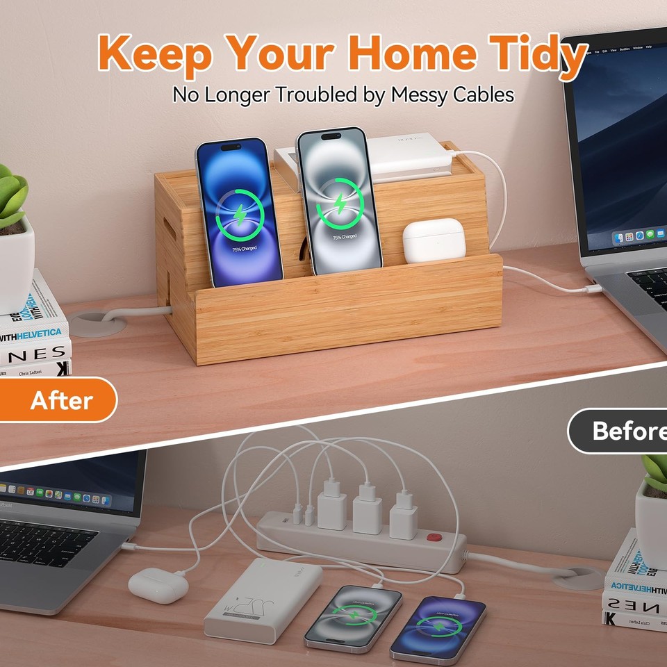Bamboo Cable Management Box, Natural Color, 31X14X15.5CM, Cable ...