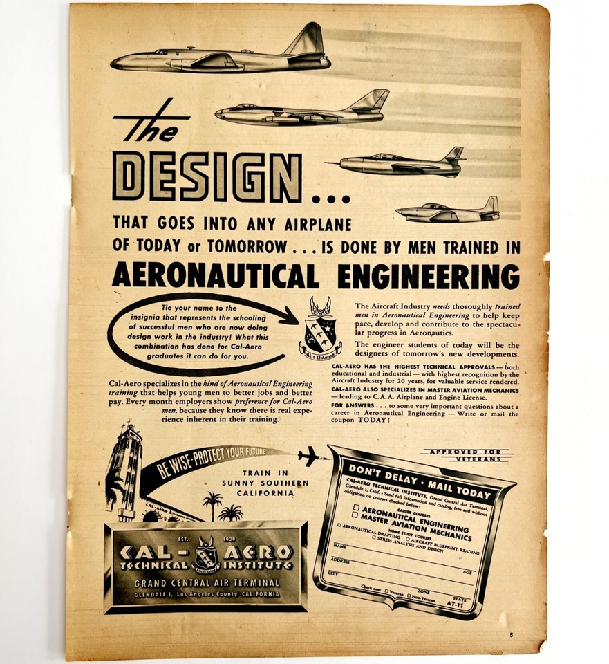 1949 Aviation Cal-Aero Institute Advertisement Aeronautical Engineering ...