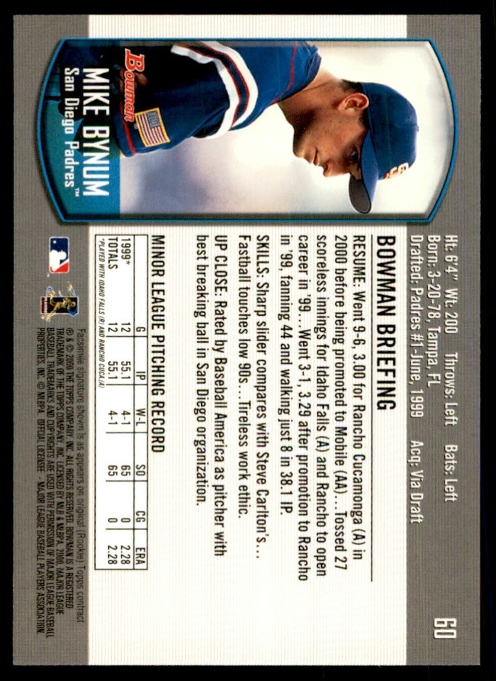 2000 Bowman Draft Picks & Prospects Mike Bynum Rookie San Diego Padres ...