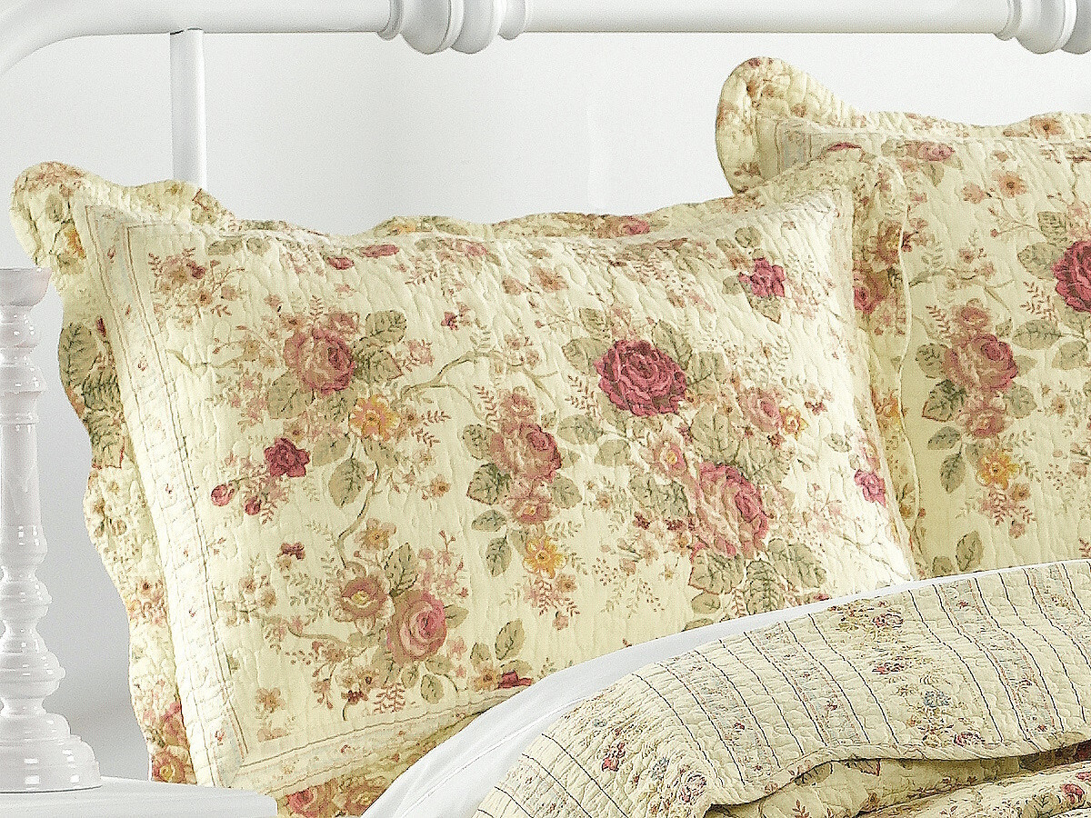 ANTIQUE ROSE QUILTED * King * SHAM : CHIC COTTAGE CREAM YELLOW SHABBY ...