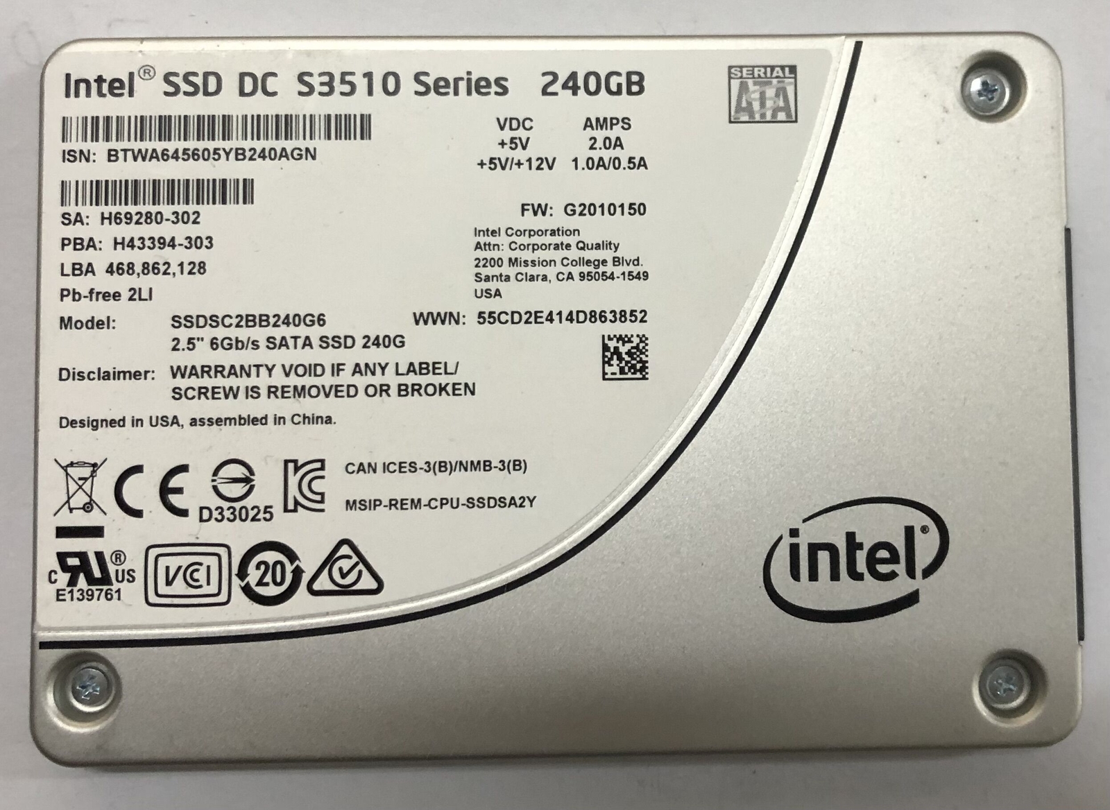 Intel SSD DC S3510 Series 240GB 2.5" Sata 6Gb/s Solid State Drive ...