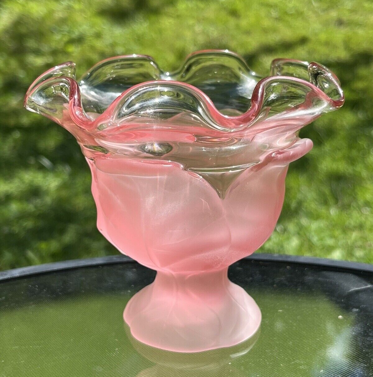Viking Glass Compote Dish Pink Frosted Satin Cabbage Leaf - Vintage ...