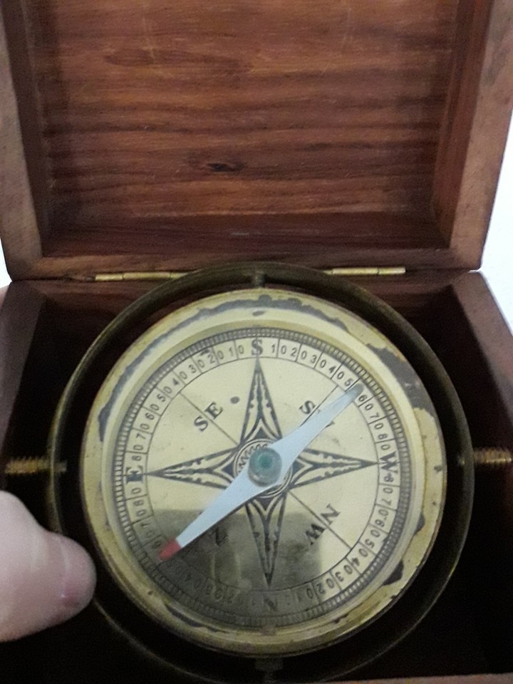 Vintage Nautical Brass Compass in Wooden Box with Anchor Inlay | eBay UK
