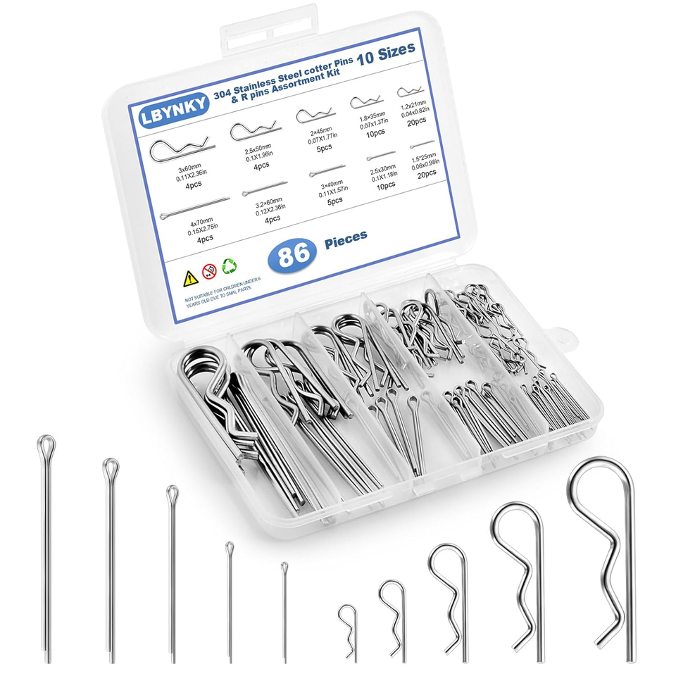 86 PCS Cotter Pin Assortment Kit, 10 Sizes Stainless Steel Cotter Pins ...