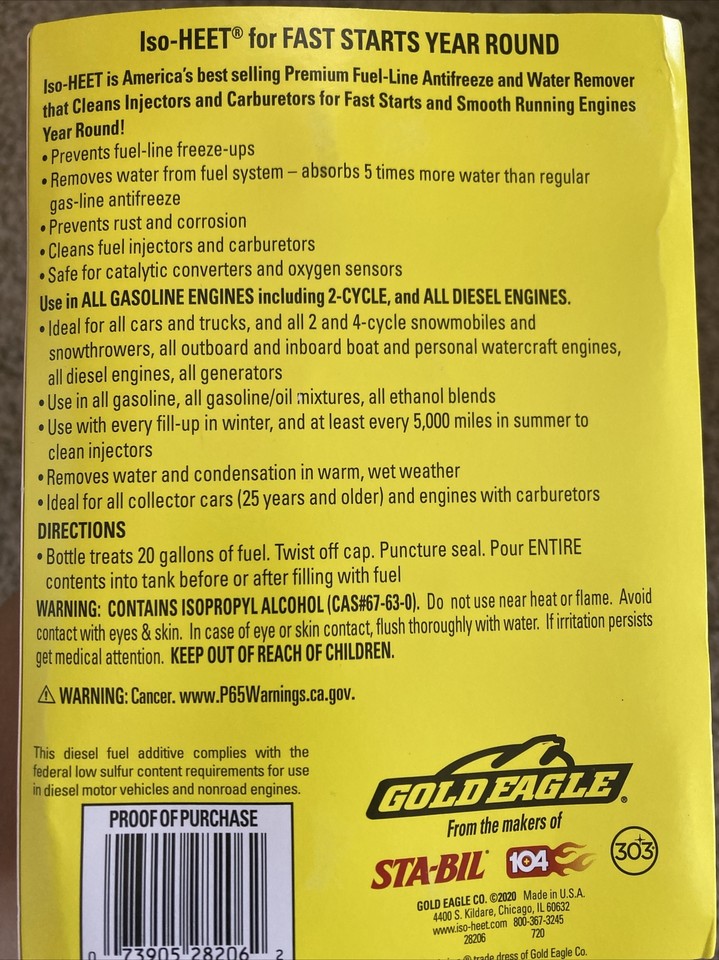 4pk ISO HEET Water Remover & Premium Fuel Line Antifreeze + Injector ...