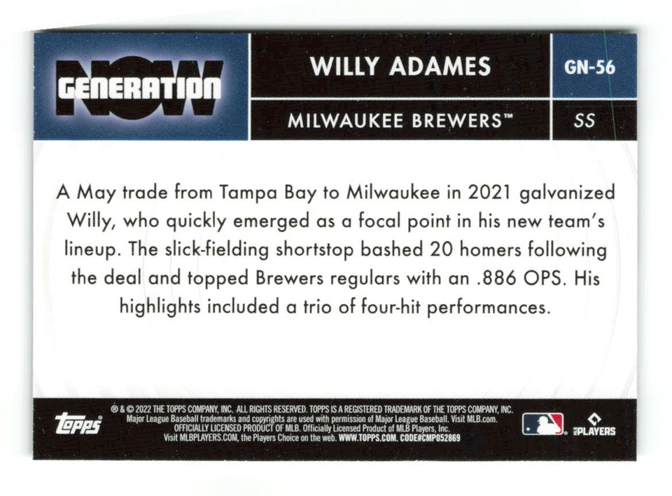 2022 Topps Willy Adames #GN-56 Generation Now Milwaukee Brewers ...