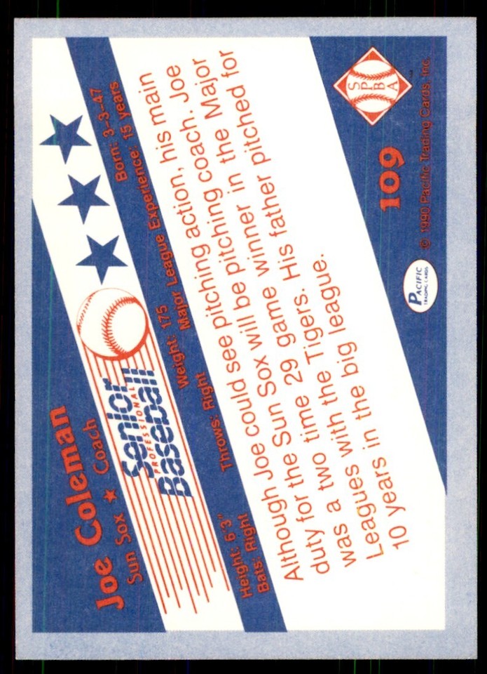 1990 Pacific Senior League Joe Coleman Baseball Cards #109 | eBay