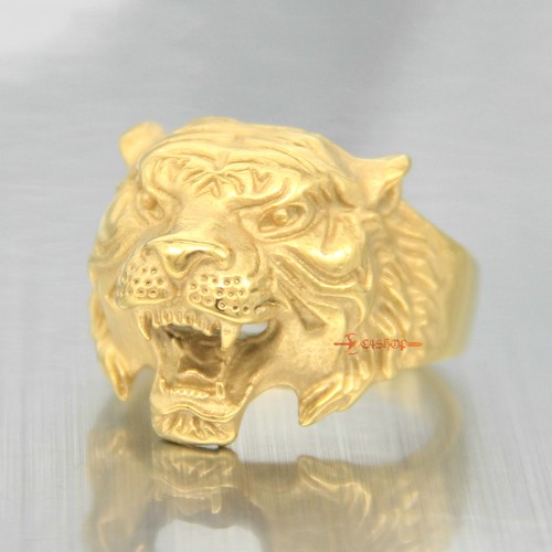 Gold Plated Stainless Steel Tiger Head Biker Men's Ring Animal Predator ...