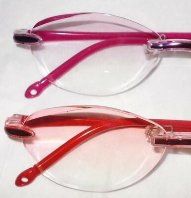 READING GLASSES SMALL OVAL RIMLESS CHOICE OF RED, PURPLE ALL STRENGTHS ...