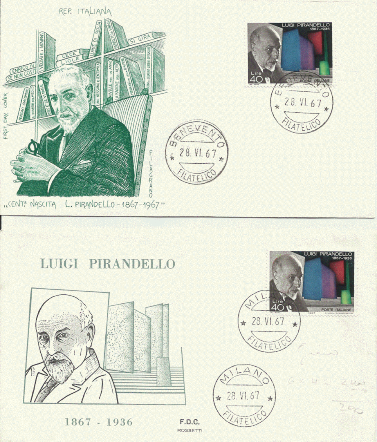 POSTE ITALIANE_LUIGI PIRANDELLO_DUE BUSTE PRIMO GIORNO D'EMISSIONE_28 ...