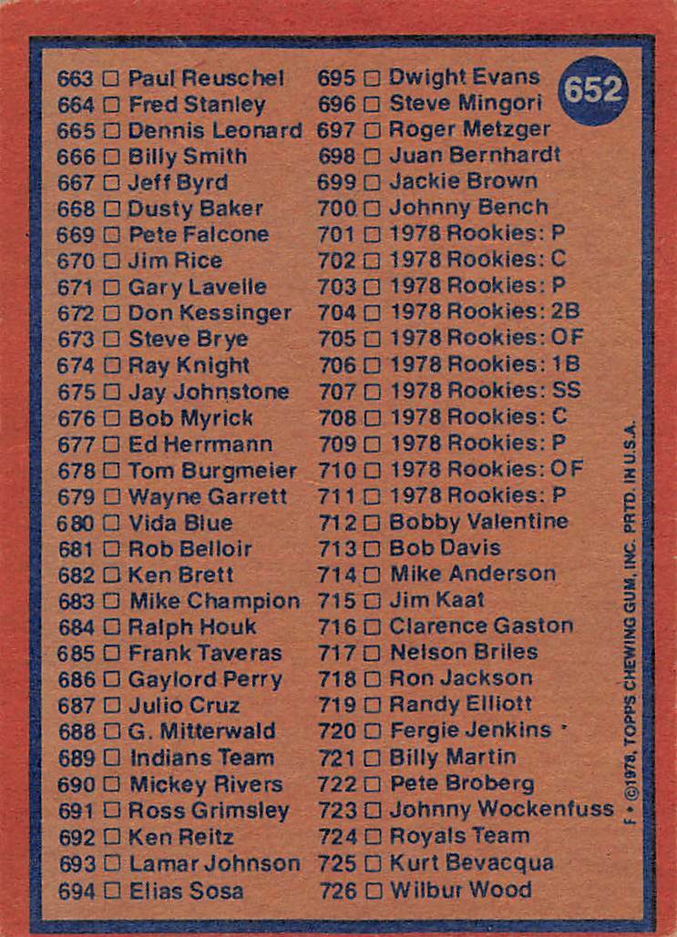 1978 Topps Baseball Checklist #652 (606-726) EX+ or BETTER /SET BREAK ...