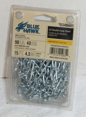 Blue Hawk #3 Zinc Plated Double Loop Window Sash Chain ~ 90 lb. ~ 15 ...