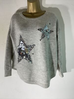 Womens Monsoon Medium Grey Marl Knit Sequin Star Pullover Sweater ...