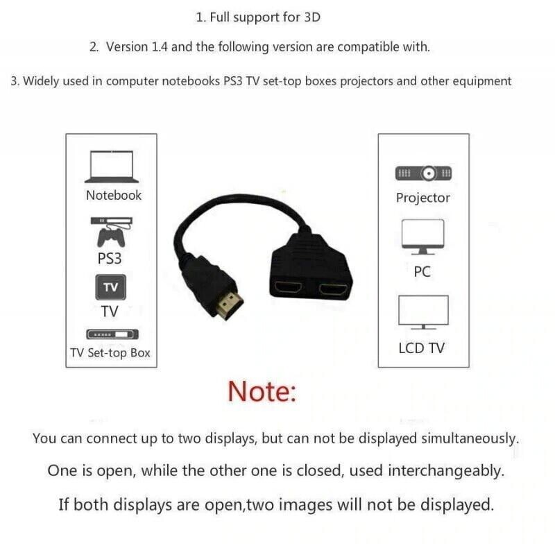 HDMI Port Male to Female 1 Input 2 Output Splitter Cable Adapter ...