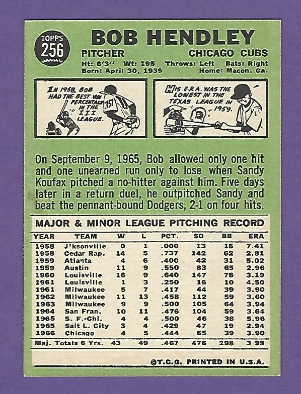 1967 Topps - #256 Bob Hendley - Chicago Cubs - NrMt CENTERED | eBay