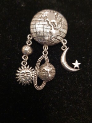 VINTAGE STERLING SILVER GLOBE PLANET SUN MOON EARTH CHARM BROOCH PIN | eBay