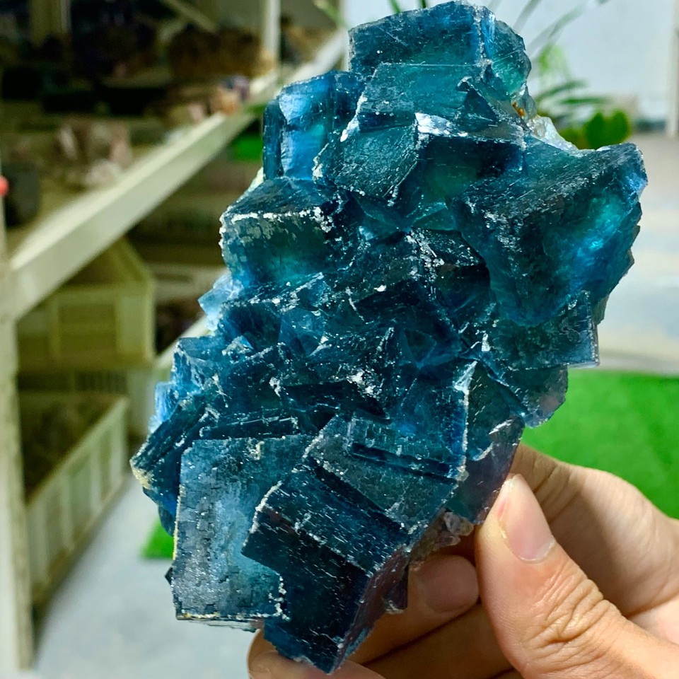 1.55LB Rare transparent blue green fluorite cubic mineral crystal ...