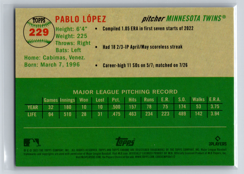 Pablo Lopez 2023 Topps Chrome Platinum Anniversary Blue Shimmer ...