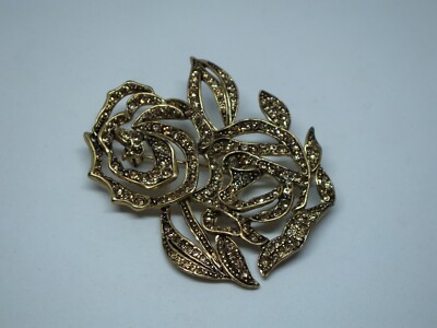 Beautiful Brooch Pin Gold Tone Flower Gold Rhinestones Sign KC 2 1/4 x ...