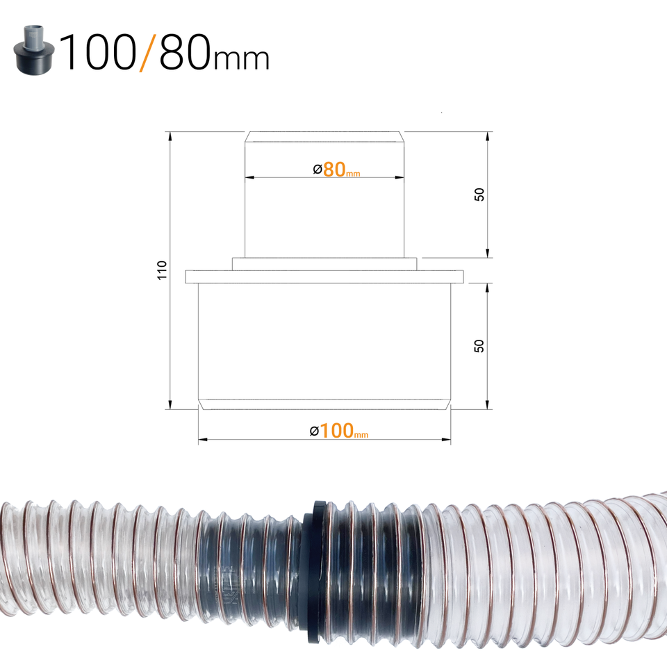 Dust Extraction Hose Reducer 100mm 4" to 50mm 63mm 80mm Workshop Vacuum ...