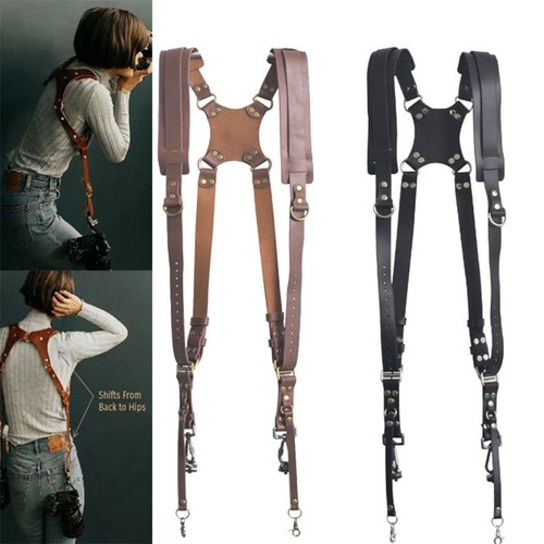 Adjustable Dual Camera Shoulder Strap Leather Quick Release Harness Accessory | eBay Australia