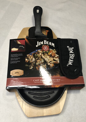 Jim Beam Cast Iron Skillet Set W/ A Handle Mitt & Wood Trivet | eBay