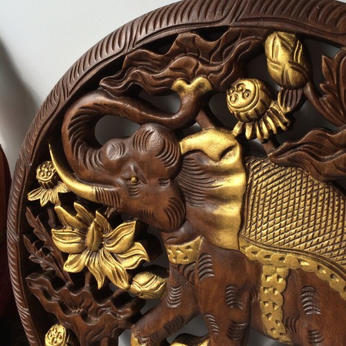Wood Carved Round Elephant Lotus Plaque Feng Shui Wall Hanging ...