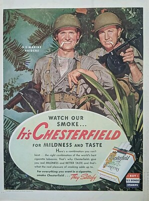 1943 WWll Marine Raiders Chesterfield Cigarette Print Ad, Buy War Bonds ...
