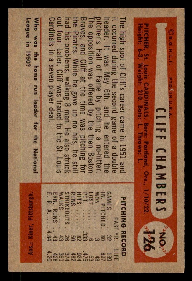 1954 Bowman Baseball #126 Cliff Chambers EX *d2 | eBay