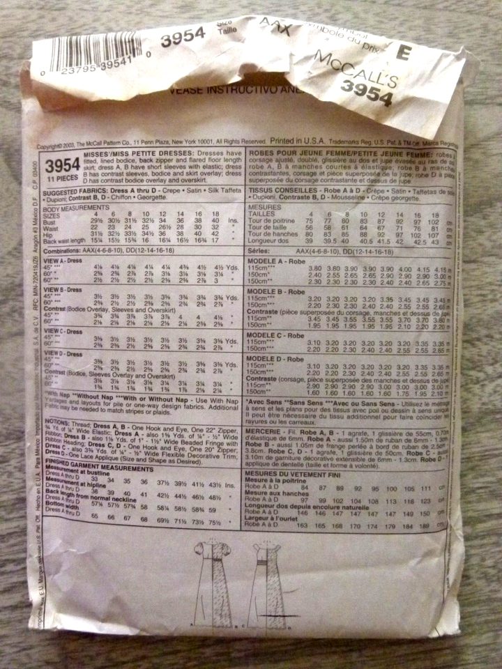 McCall's 3954 Misses Formal Bridal Dress Sewing Pattern 4 Styles 4-6-8 ...