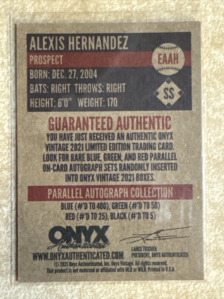 2021 Onyx Vintage Extended Alexis Hernandez Blue Ink Autograph /400 ...