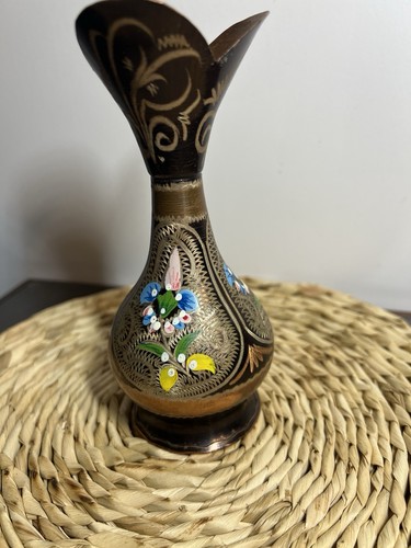 vintage handmade, hand-painted, and engraved copper vase, Made In ...