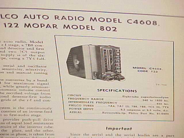 Mopar 802, Philco C4608 CODE 122 - Antique Radio Forums
