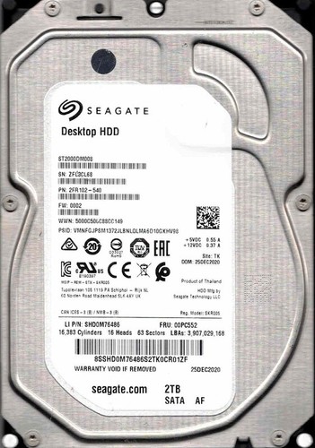 ST2000DM008 P/N: 2FR102-540 F/W: 0002 TK ZFL3 DEC 2020 Seagate 2TB | eBay