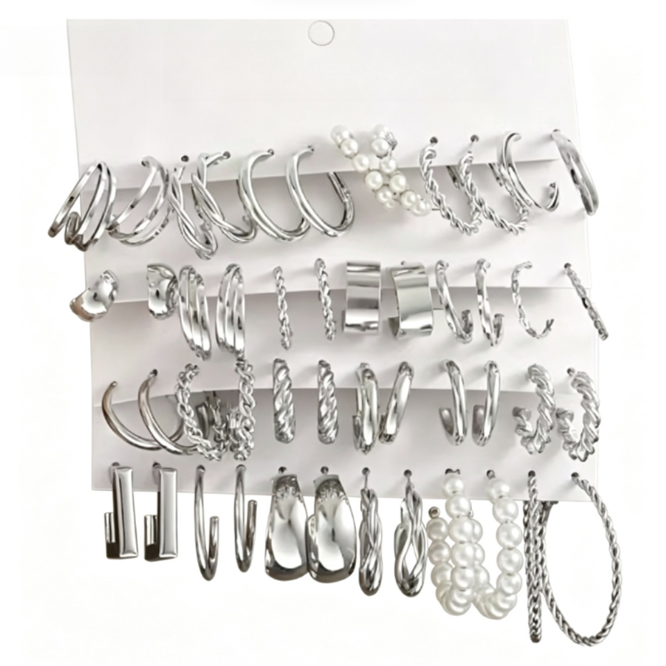 Geometric Textured Hoop Earrings for Women Gold Silver Alloy 24 Pairs ...