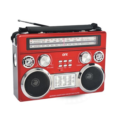 QFX Red Portable Retro AM/FM/SW 3-Band Radio With Flashlight Bluetooth ...