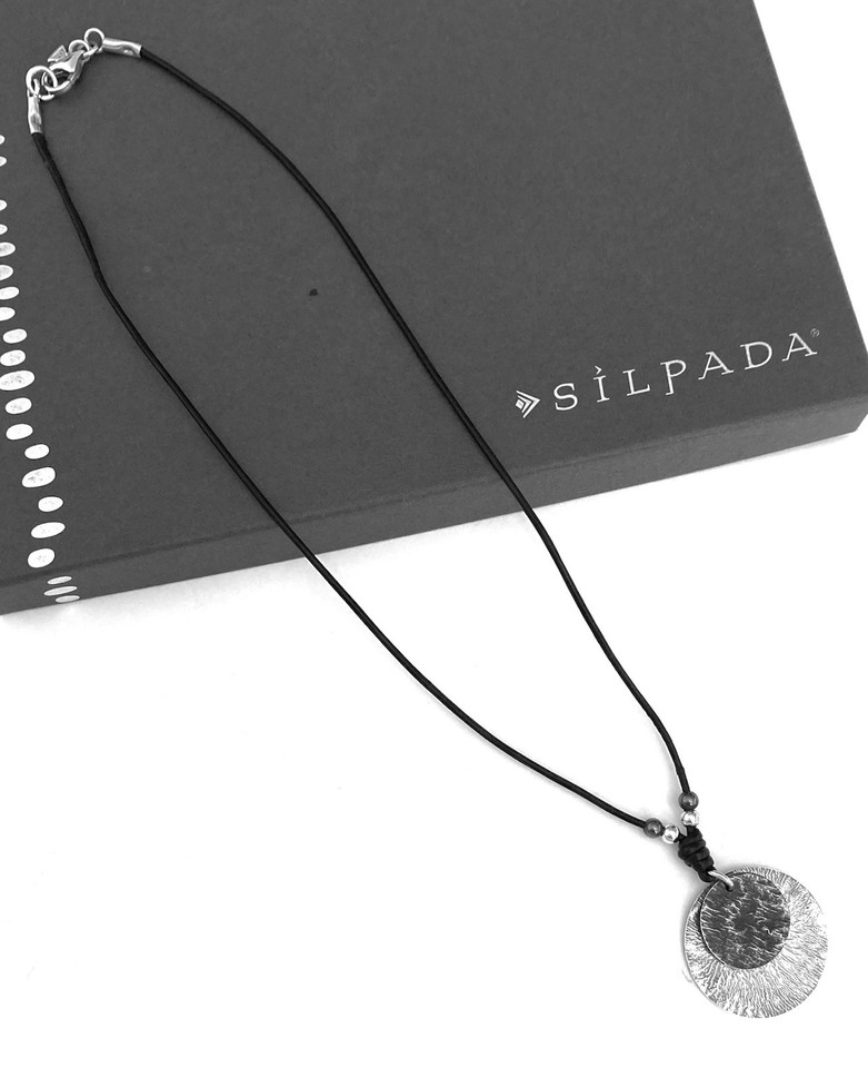SILPADA Sterling Silver Textured Oxidized DOUBLE DISC Leather Necklace ...