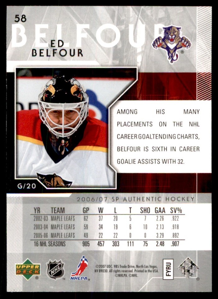 2006-07 SP Authentic Ed Belfour Florida Panthers #58 LP | eBay