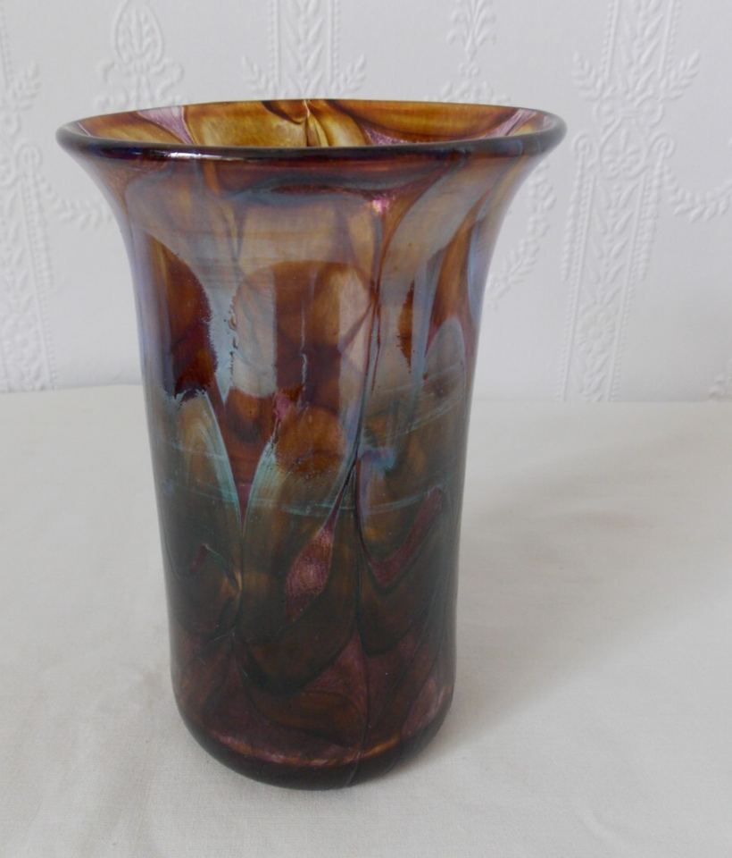 Vintage COWDY iridescent glass VASE studio art signed hand blown pontil ...
